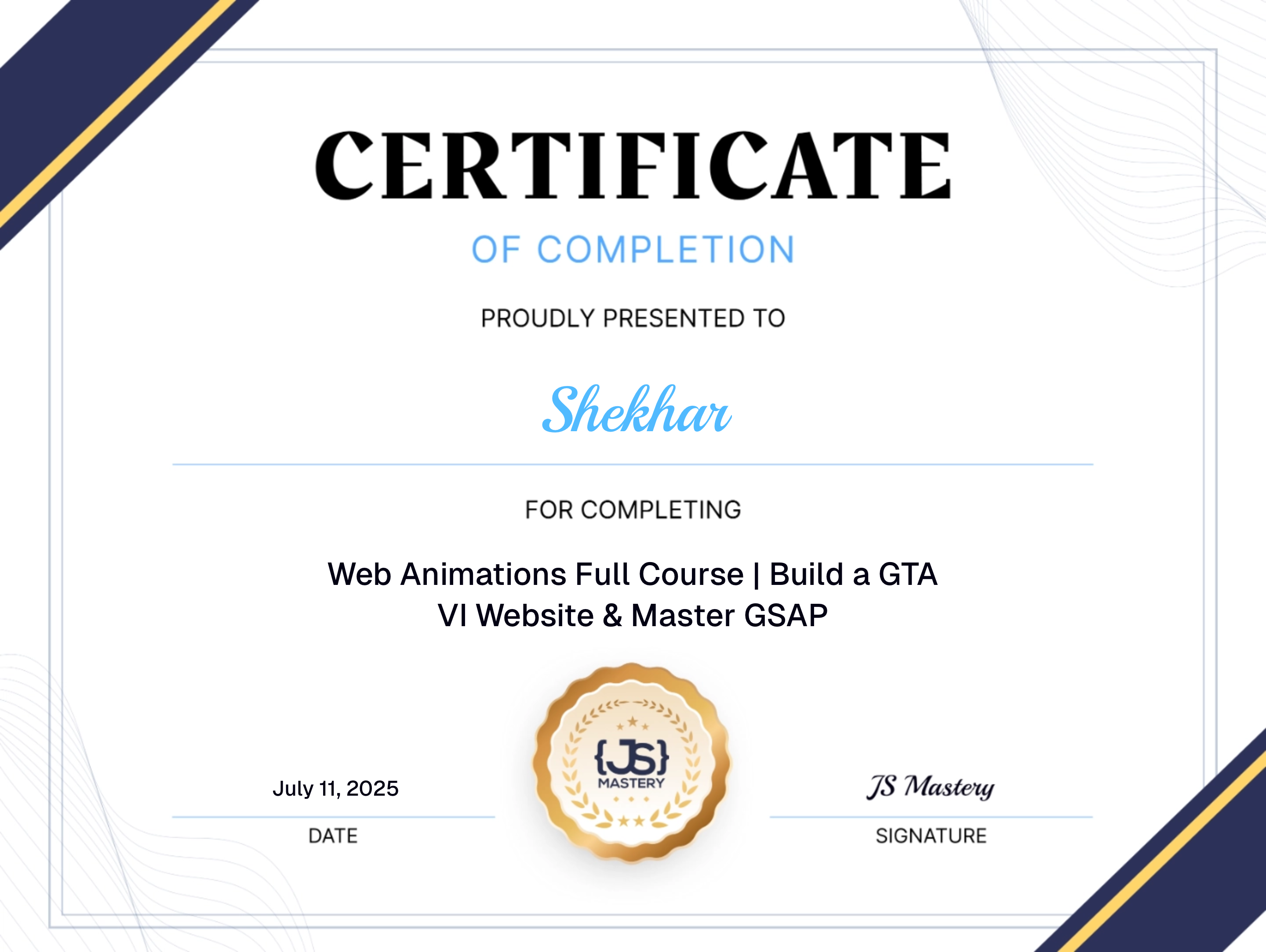 Certificate of Completion: Web Animations Full Course | Build a GTA VI ...